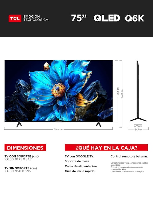 Pantalla Tcl Mini LED de 75 pulgadas 4K/UHD 75Q6K con Google TV 6
